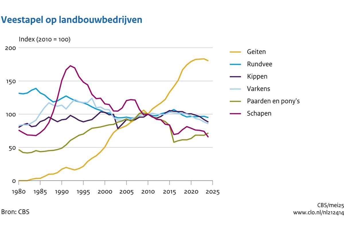 Minder koeien, varkens, kippen en geiten in Nederland in 2024